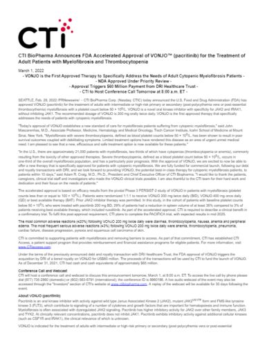 VONJO (pacritinib) FDA Approved for Adults with Myelofibrosis and ...